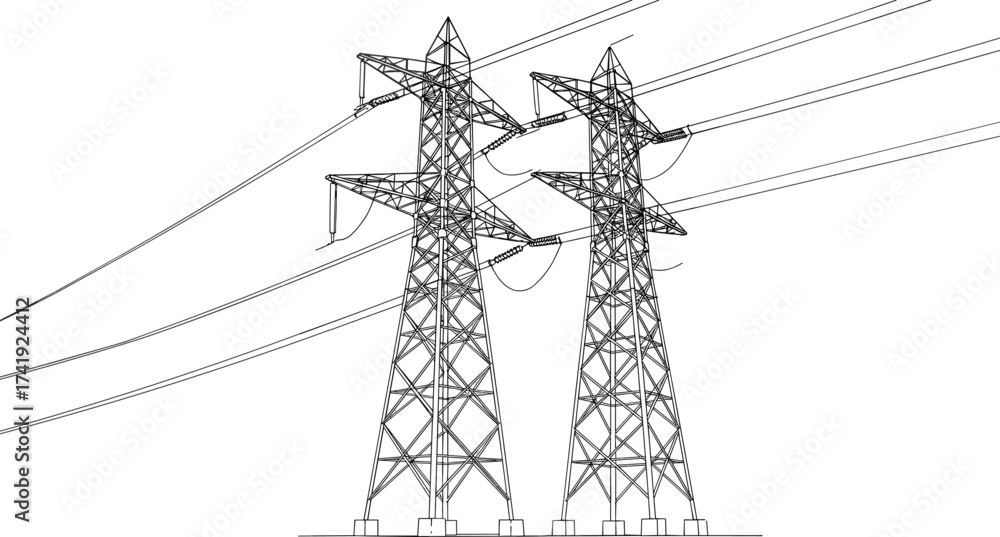 High voltage transmission towers, electricity pylons illustration ...