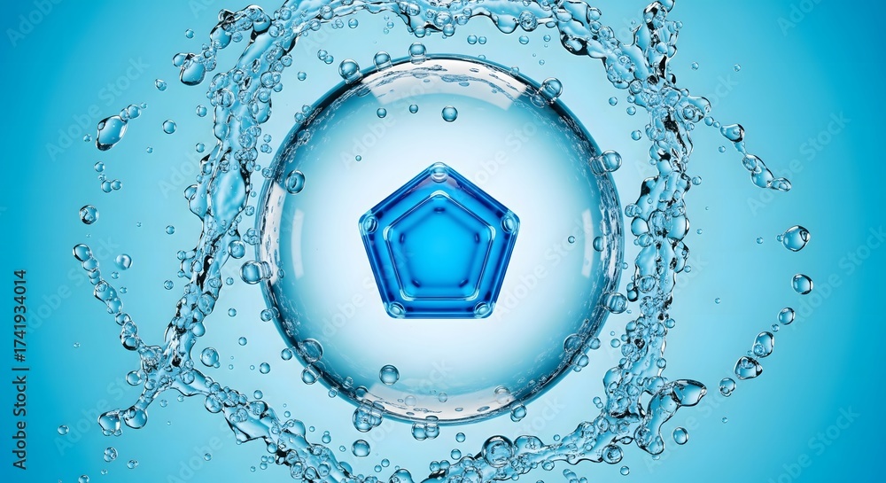 Crystal blue pentagon molecule inside a transparent water sphere ...