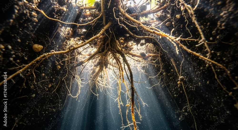 Submerged plant roots with light shafts piercing the murky water and ...
