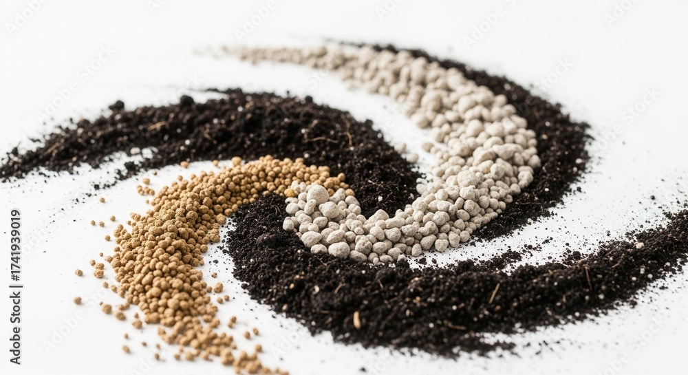 Various granular materials including dark soil and two types of pellets ...