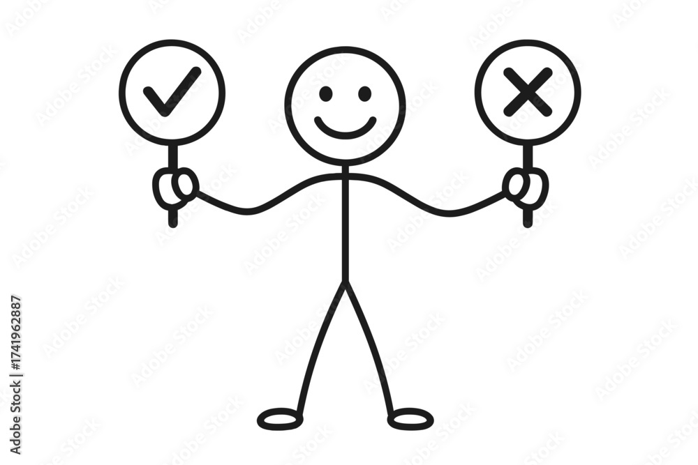 Stick figure holding yes and no signs. Choice, decision, survey concept ...