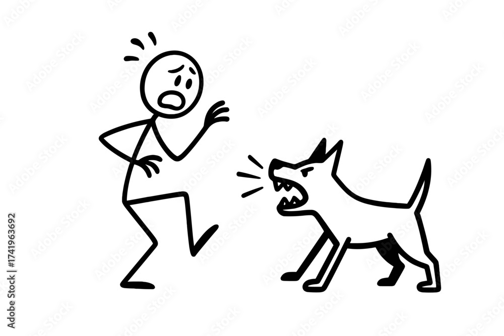 Dog attack vector of an angry canine barking at a scared person. Hand ...