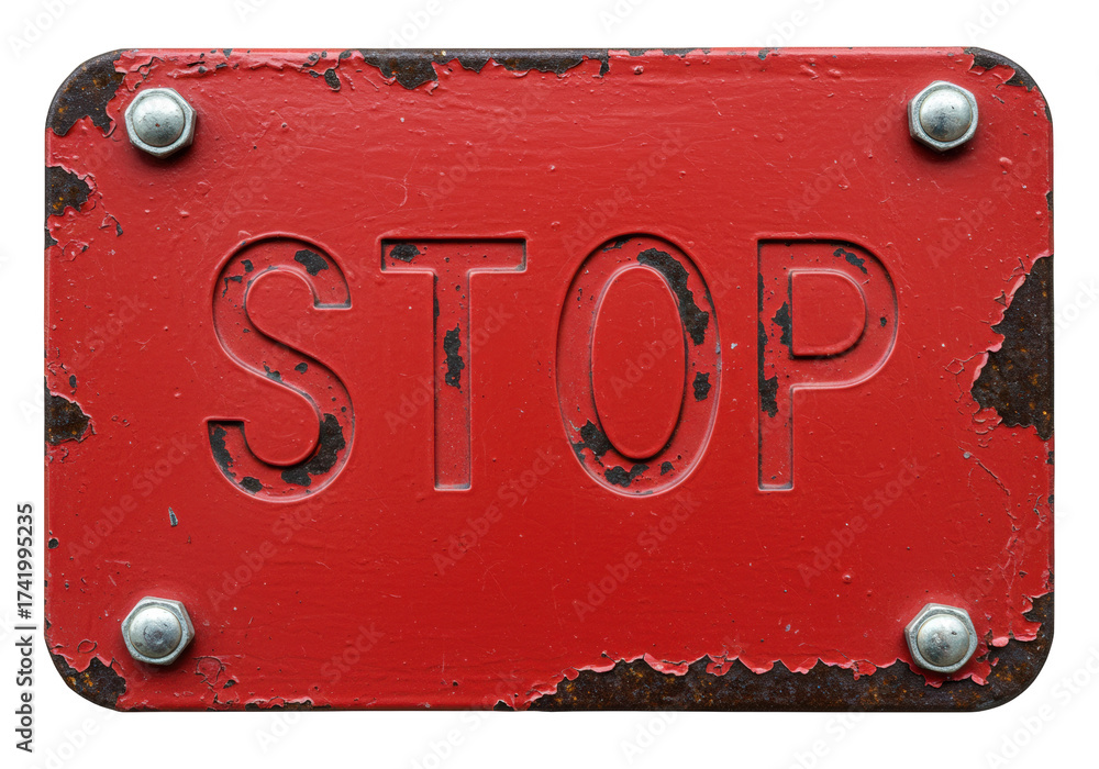 Isolated old red metal stop sign with mounting bolts, grungy paint ...