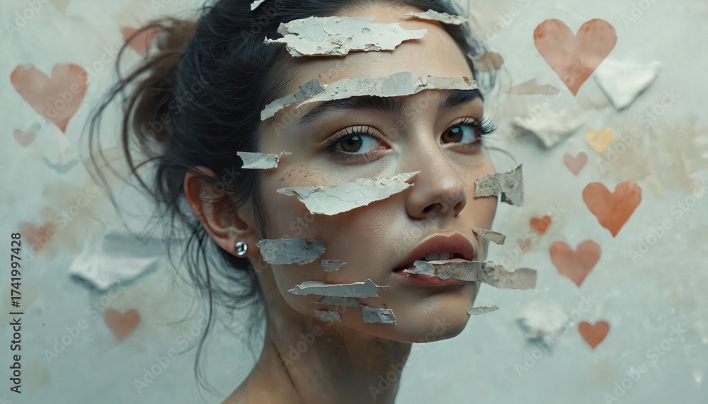 Young woman face with paint peeling off skin. Faded hearts float in ...