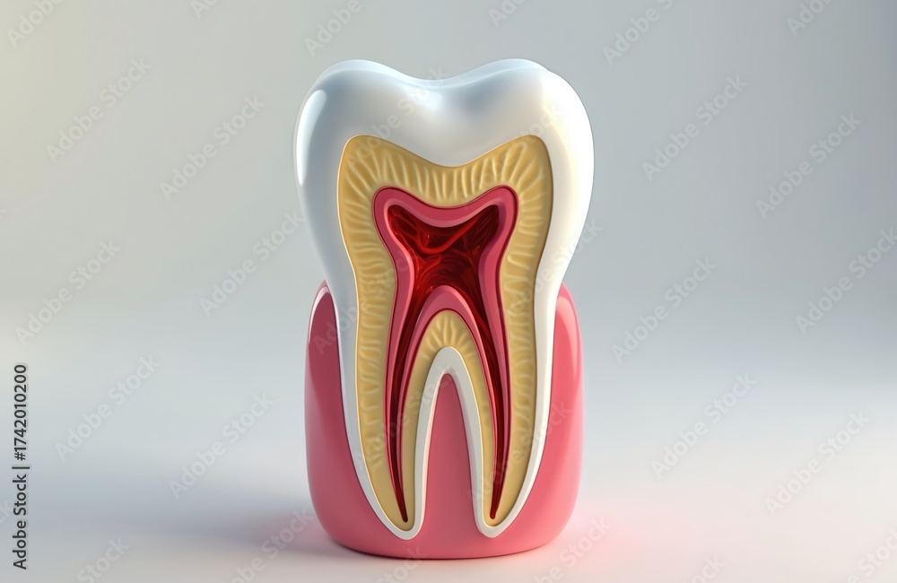 3D tooth cross section shows enamel dentin pulp nerves blood vessels ...
