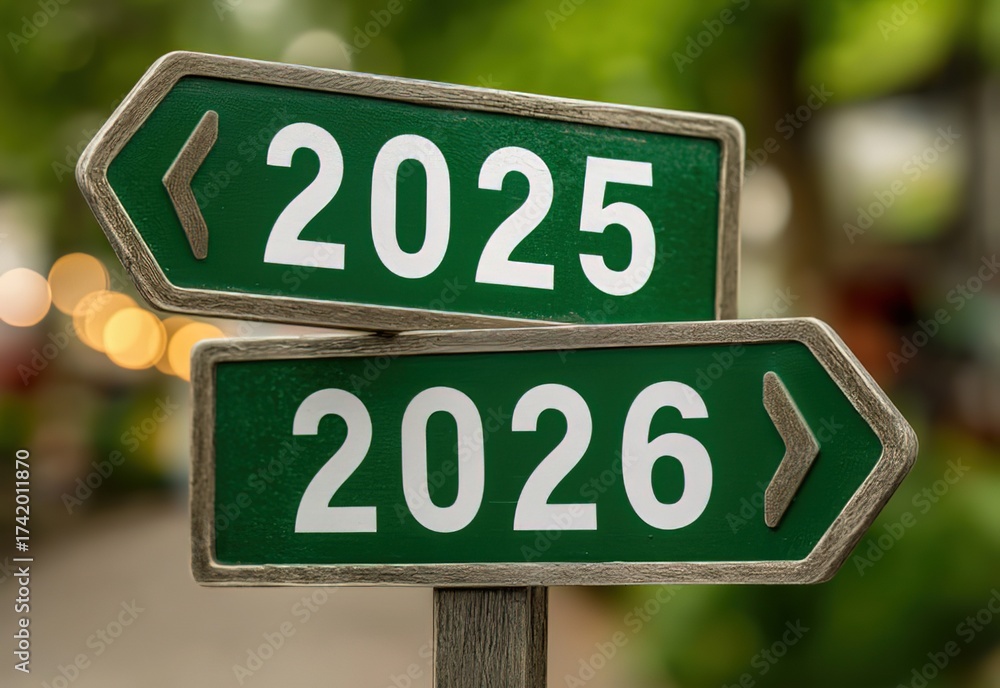 "2025" and "2026" Green Road Signs with Blurred Outdoor Park Background ...