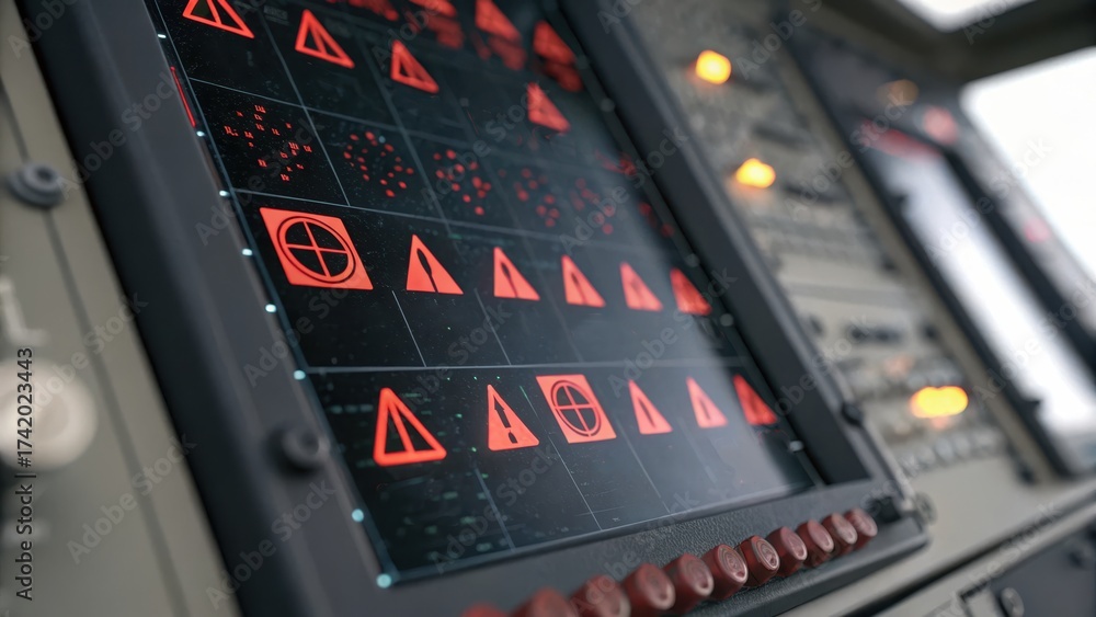 ww3 cyber attack Control panel with warning indicators and lights in a ...