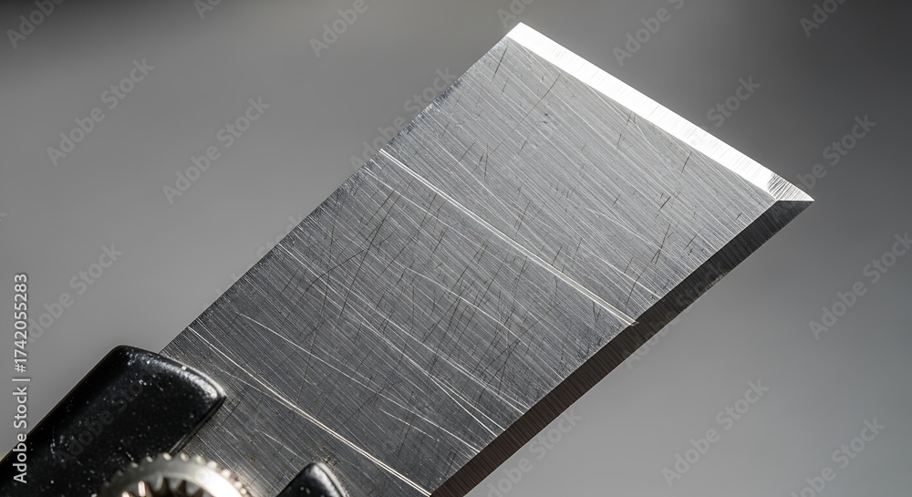 Macro view of a sharp box cutter blade revealing subtle textures and ...