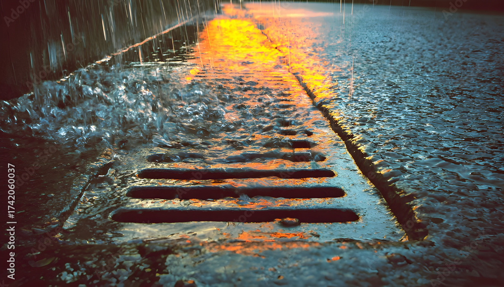 Heavy rainwater entering a street drainage system. Color enhanced image ...