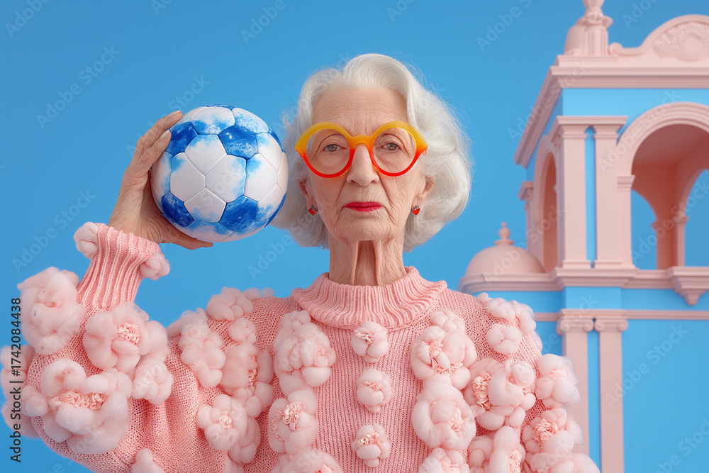 Older woman with orange-accented yellow glasses holding a marbled blue ...
