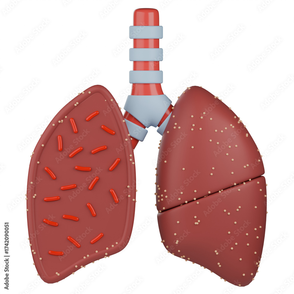 Lung with miliary tuberculosis 3d illustration. Tiny granulomas ...