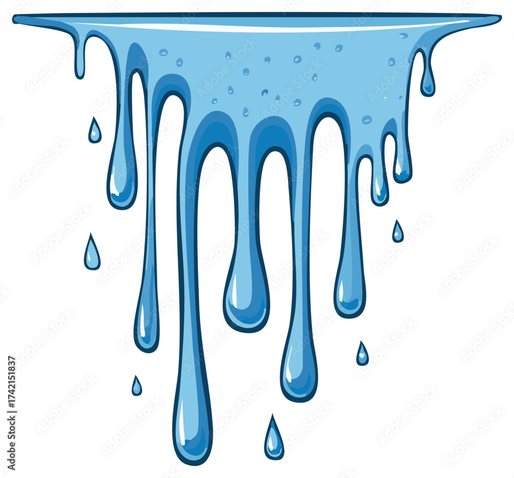 Cartoon Blue Water Dripping Down with Splashes and Droplets on White ...