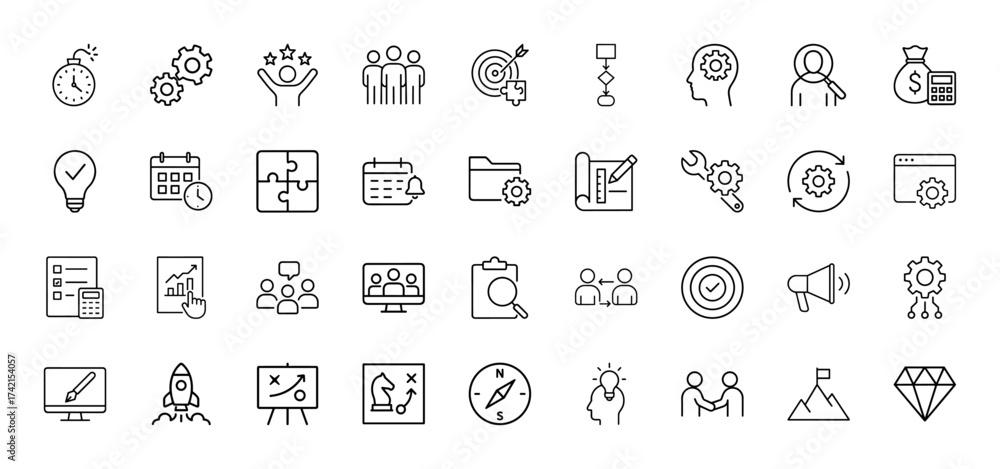 Business management line icon set. Vector pictograms of teamwork ...