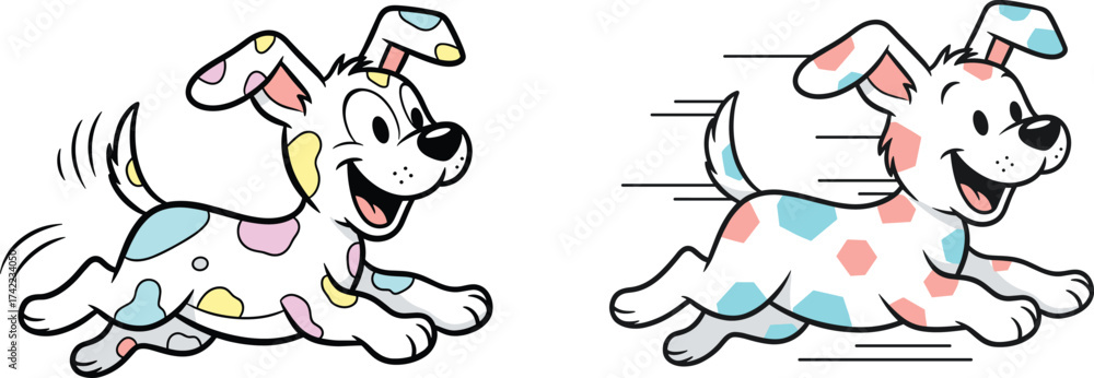 Cute colorful cartoon dogs running happily, playful puppies, funny pet ...