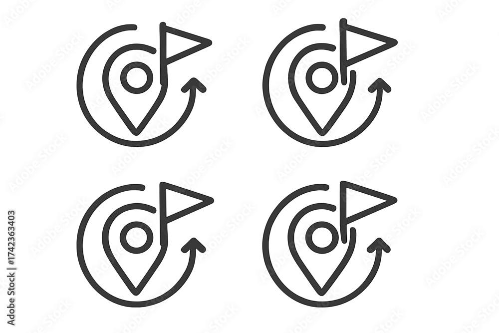 Vector location pointer icon with flag and rotation arrow. Navigation ...