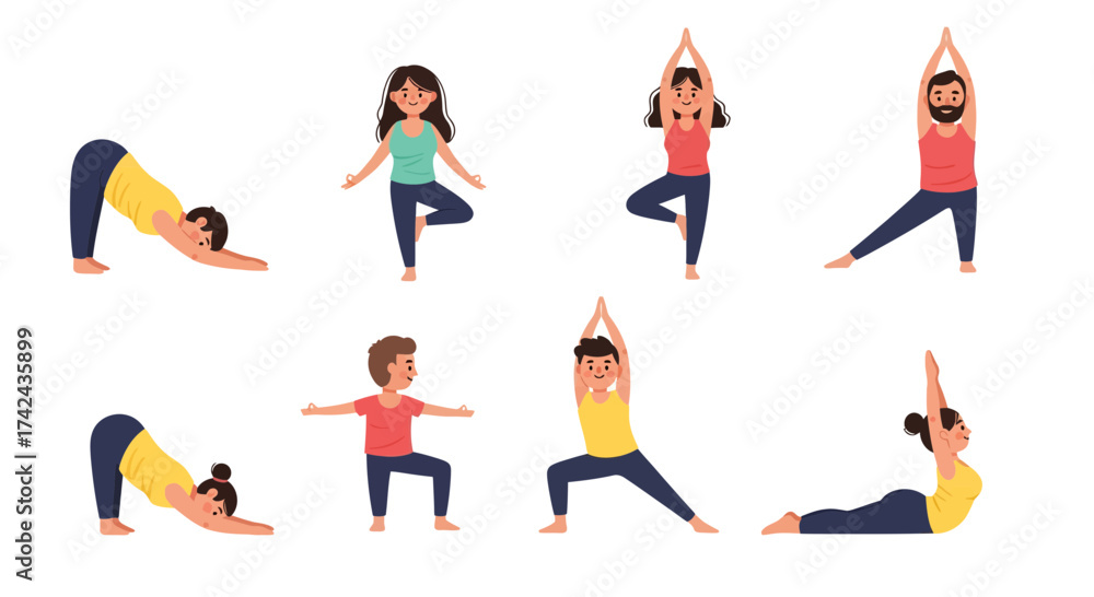 Diverse cartoon figures demonstrating various yoga poses, promoting ...