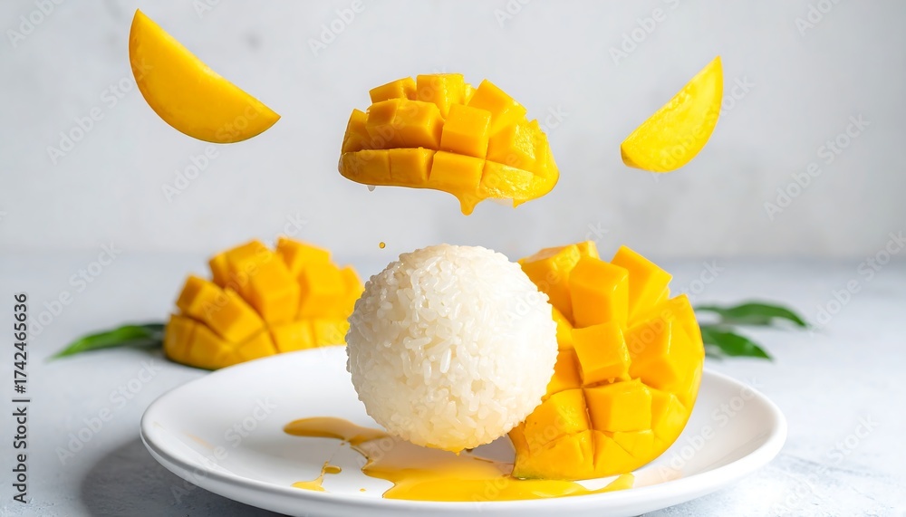Creative flying Thai mango sticky rice dessert, sticky rice ball mid ...