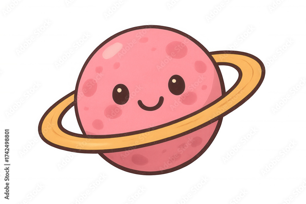 Cute pink ringed planet illustration cartoon character smiling ...