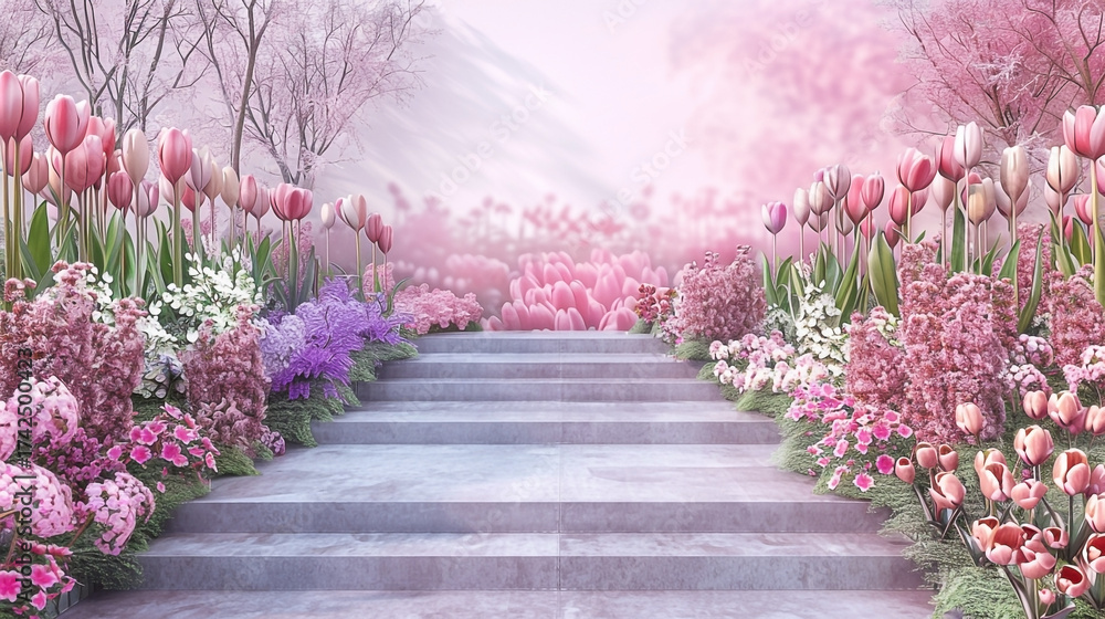 Stock-Foto „Enchanting floral staircase leading to a dreamy pink ...