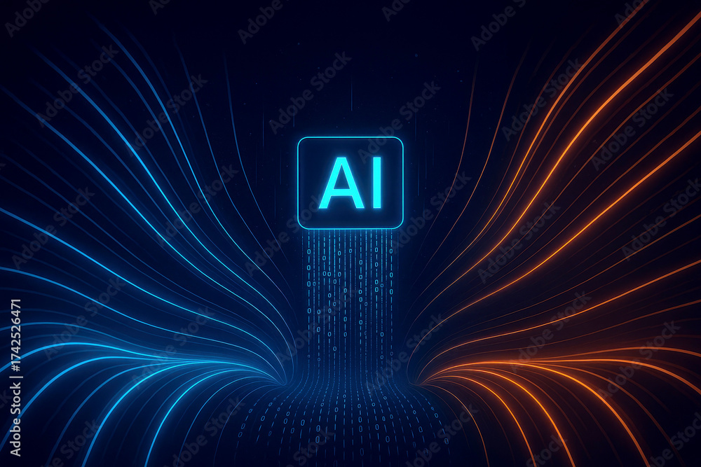 AI symbol with blue and orange digital streams converging and binary ...