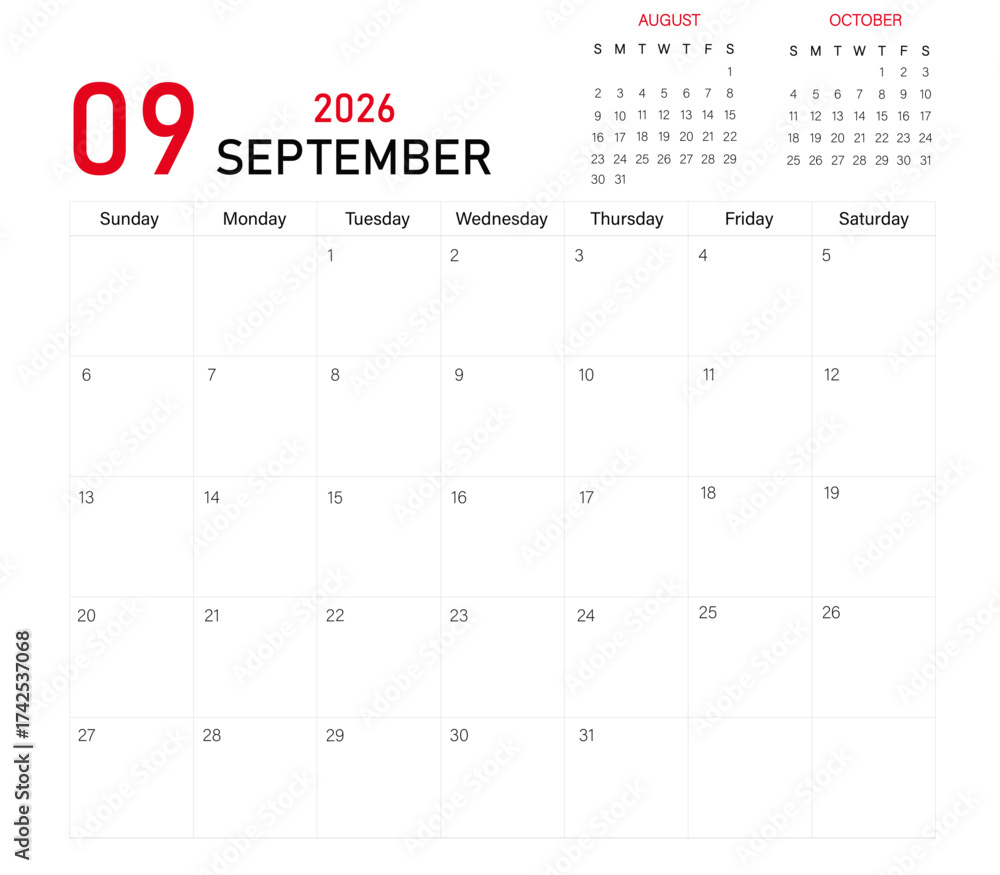 Stock-Vektorgrafik „September month calendar layout of 2026 | Monthly ...