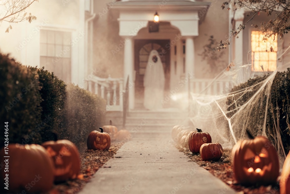 Eerie halloween night walkway house pathway glowing jack-o'-lanterns ...