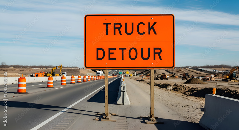 Foto de Stock Highway Closure Sign: Detour for Truck Traffic on an Open ...