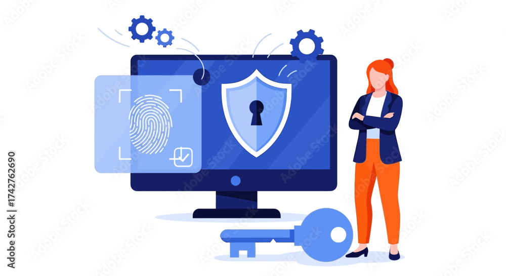 Cybersecurity Concept with Biometric Scan, Shield, and Key for Digital ...