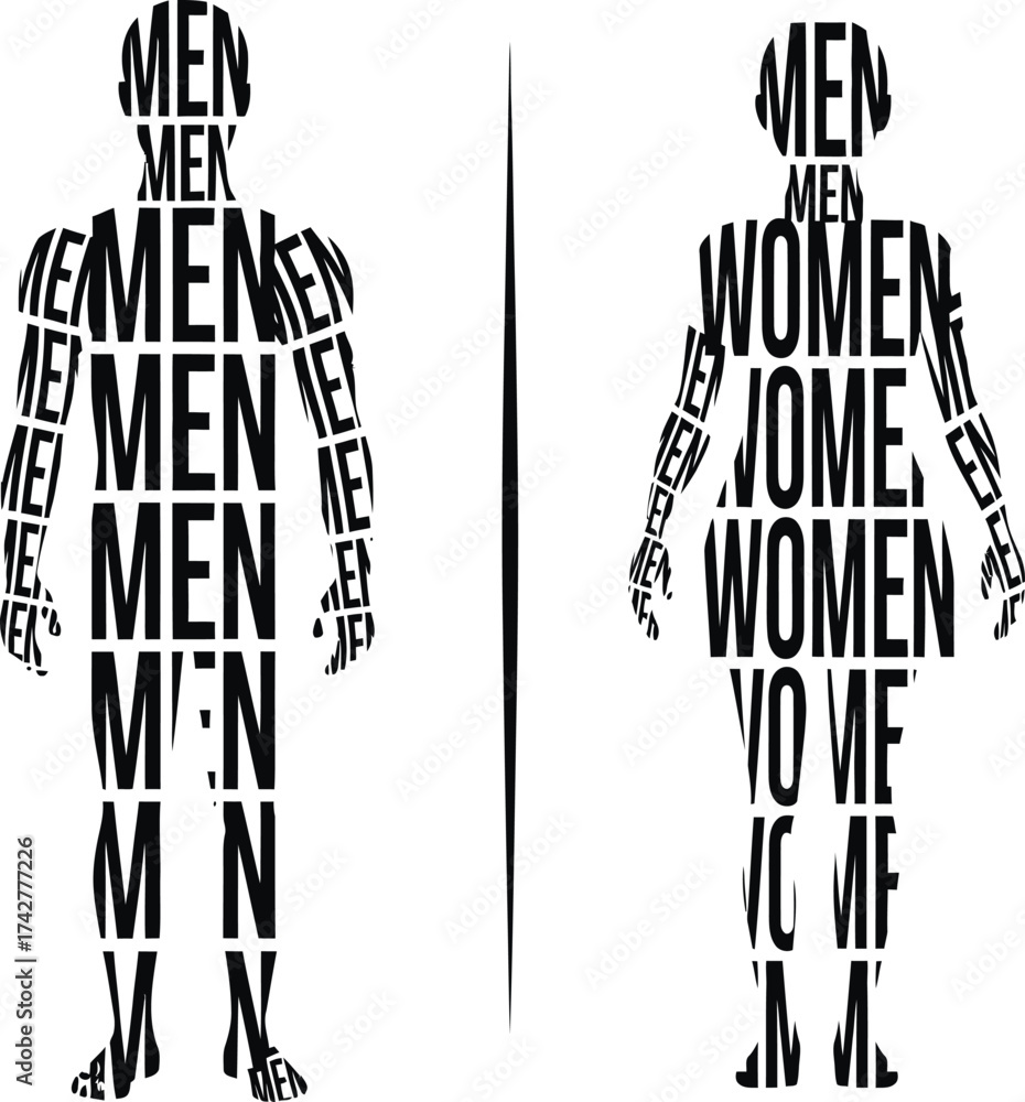 Silhouettes of male and female figures formed by repeating text labels ...