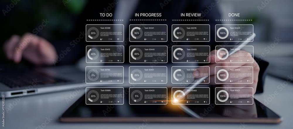 Task management tool dashboard showing kanban-style workflow with ...