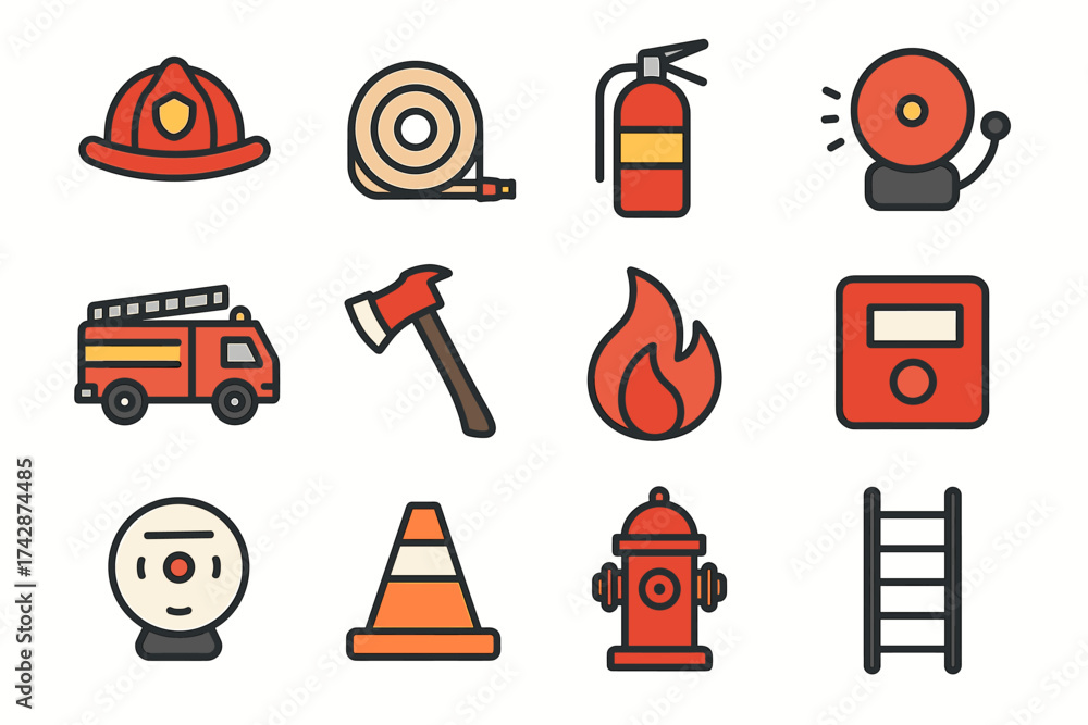 Firefighter equipment icons: helmet, hose, extinguisher, alarm, fire ...
