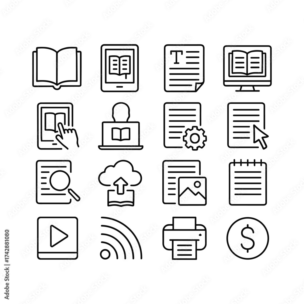 Electronic book publishing vector icons. Outline symbols. Line design ...
