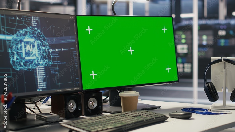 Chroma key computer display in server room set up to simulate AI ...