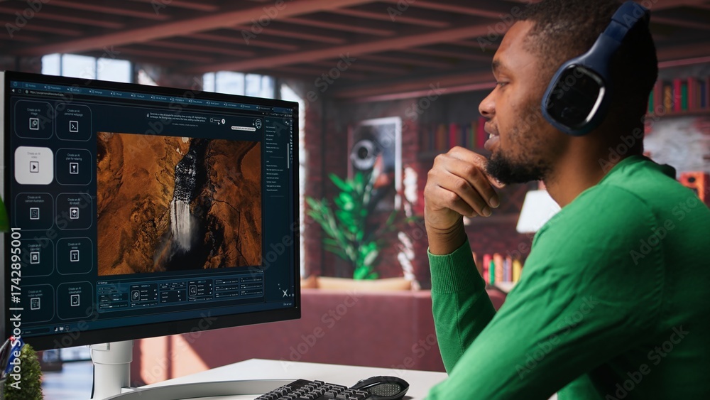 ภาพถ่าย Stock Computer screen displays digital visuals generated through AI. Young person uses ...