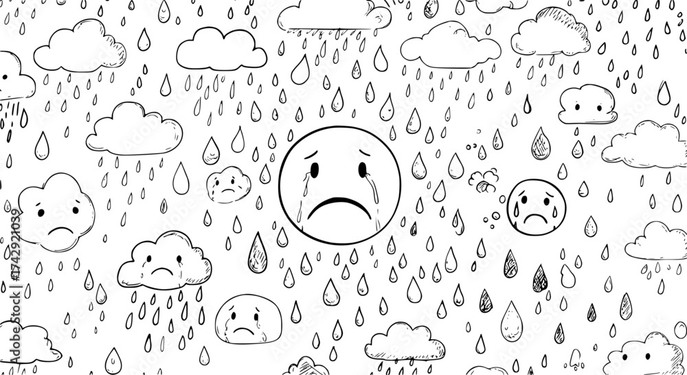 Sad Day: Cartoon Clouds, Raindrops, and Emoji with Tears Illustration ...