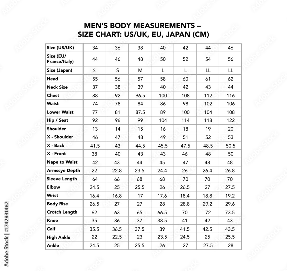 Men size chart in centimeters for chest, waist, hip, shoulder, sleeve ...