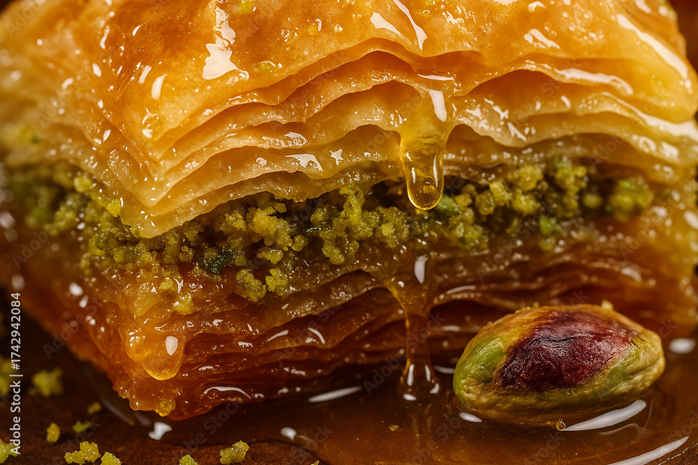 Turkish baklava, crispy golden layers of filo pastry dripping with ...