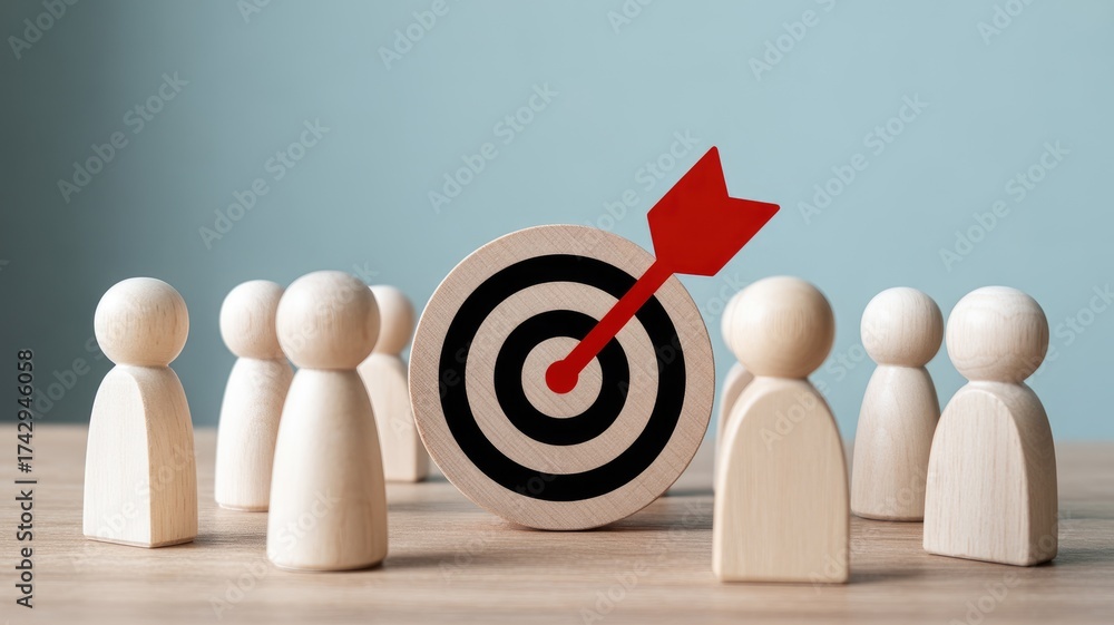 Wooden figurines surround a target with a red arrow hitting the ...