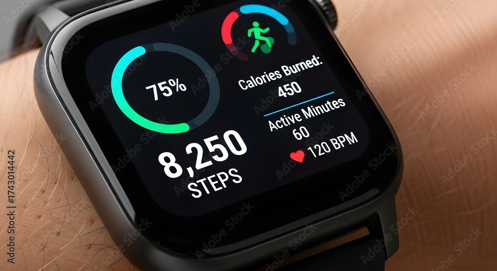 Smartwatch on a wrist showing fitness tracker data for steps, calories ...