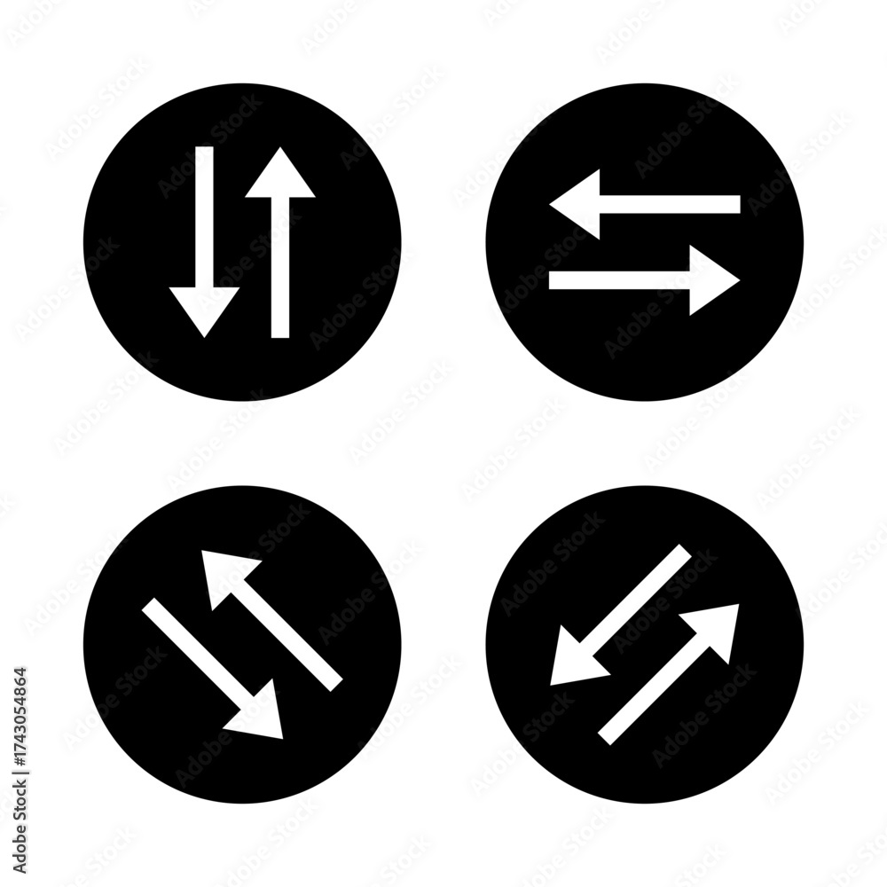 Swap vertical and horizontal arrow icon in black circle. Diagonal ...