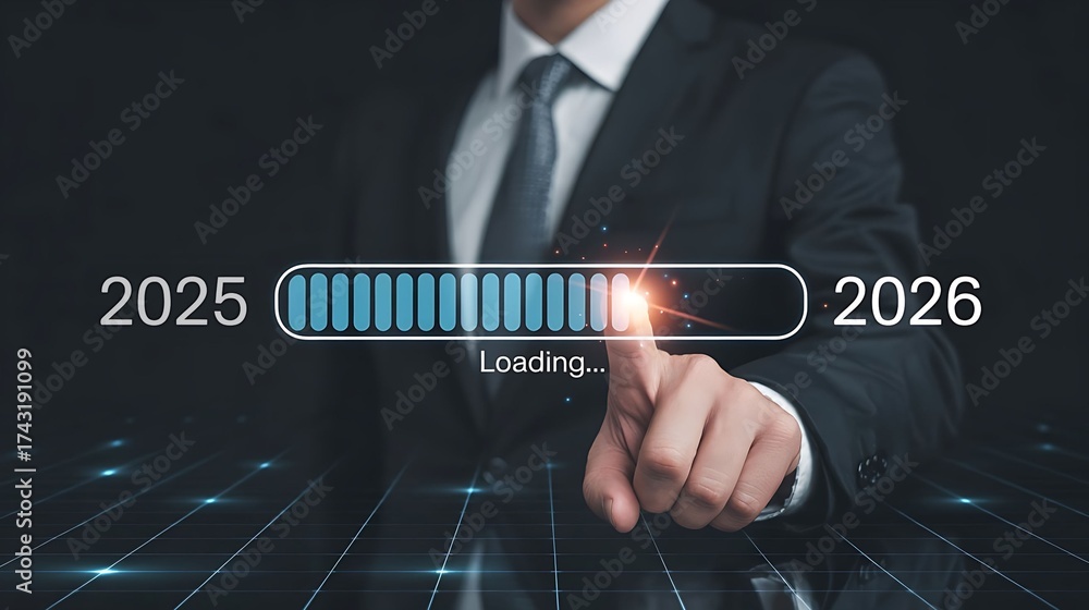 Businessman presses progress bar transitioning from 2025 to 2026 ...