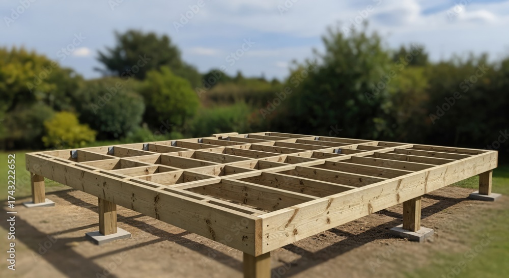 Wooden deck frame construction in a garden setting, showing the timber ...