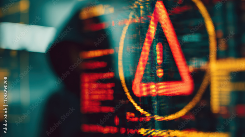 Mysterious hacker initiates cyber attack. red warning alert symbol ...