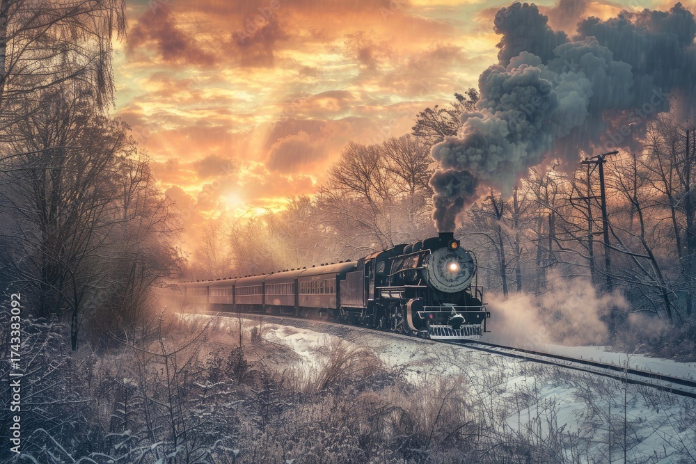Vintage steam train locomotive pulling passenger cars through snowy ...