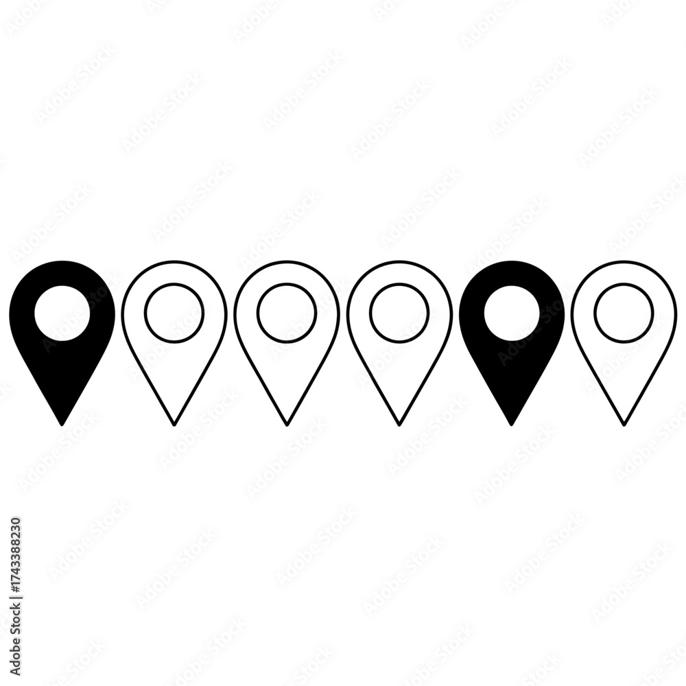 Six location pointers simple outline and filled designs for maps and ...