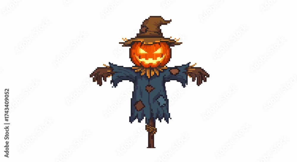 Pixel art scarecrow with a glowing jack-o'-lantern head, wearing a ...