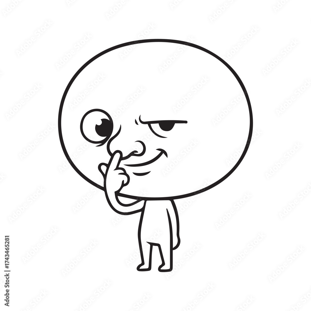 Funny cartoon meme character picking nose, simple black and white line ...