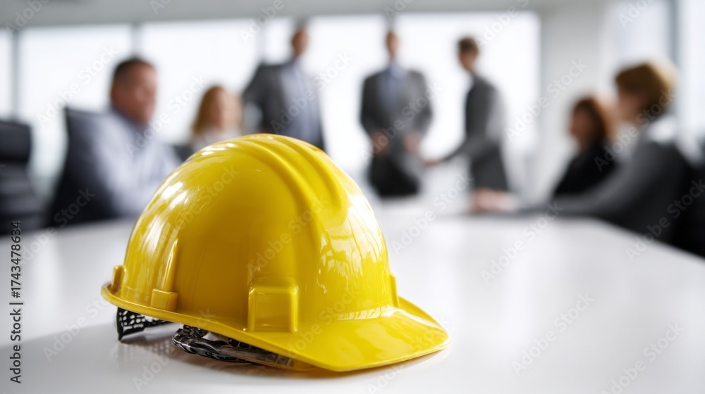 Construction safety meeting highlights hard hat on conference table ...