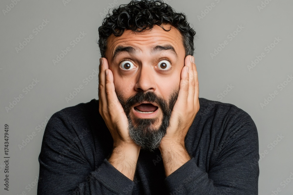 Man with a beard and wide eyes reacting with an expression of shock or ...