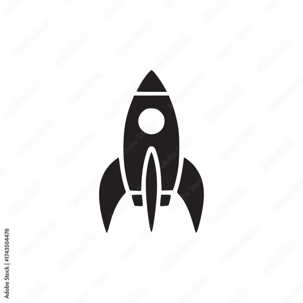A minimalist black rocket ship icon with a round window and three fins ...